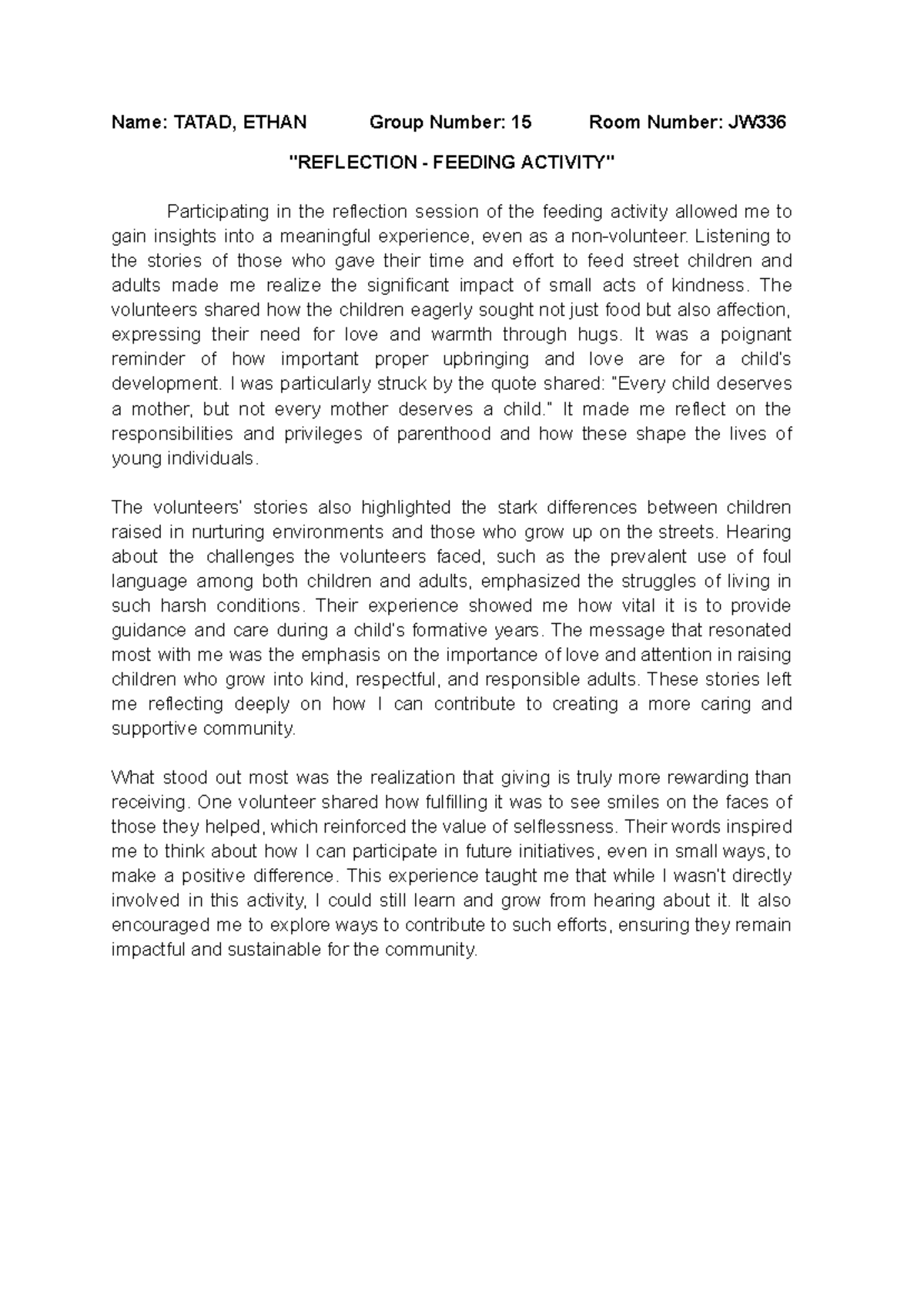 Reflection - Feeding Activity - Name: TATAD, ETHAN Group Number: 15 ...