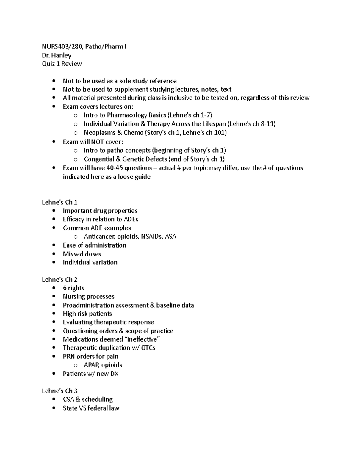 Quiz 1 Review phamacology for pathopharm - NURS403/280, Patho/Pharm I ...