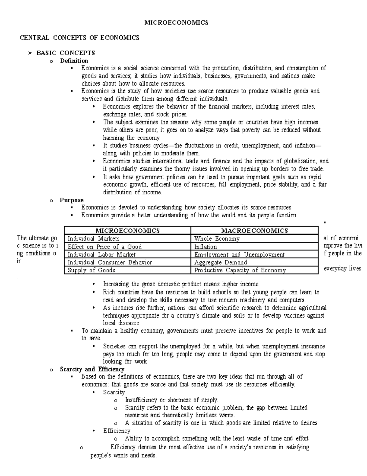 Microeconomics 1 - Lecture notes 1 - MICROECONOMICS CENTRAL CONCEPTS OF ...