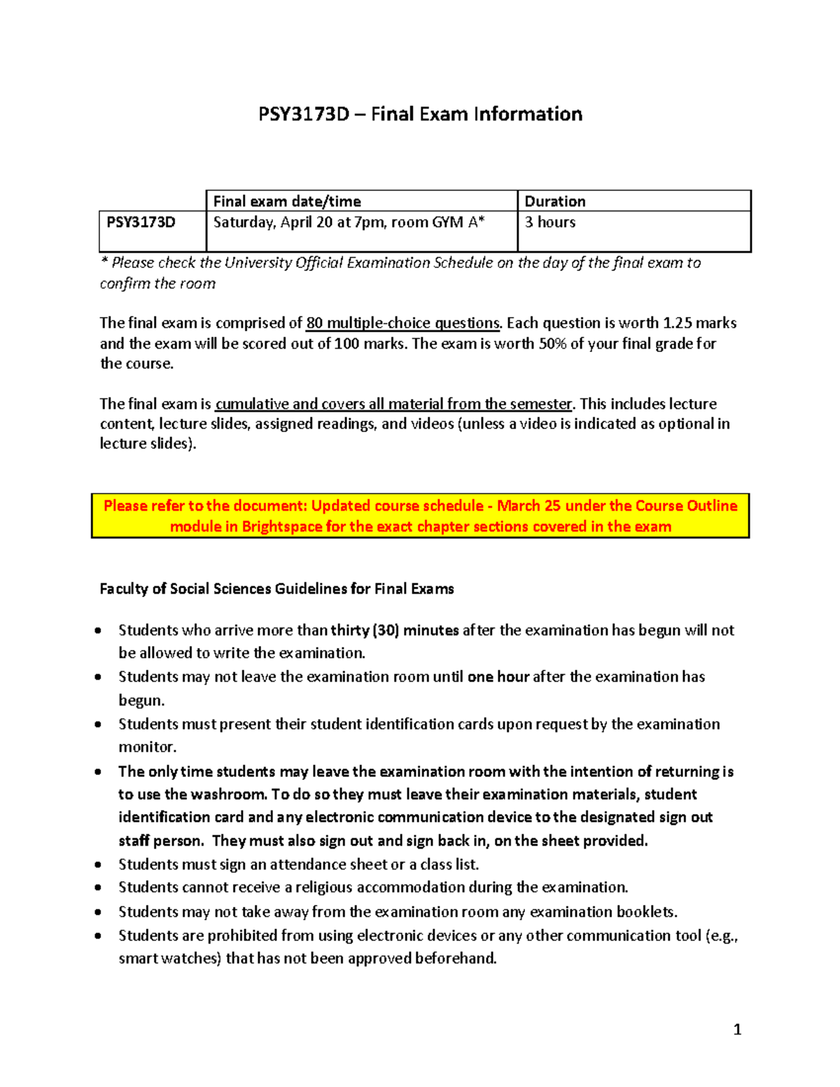 PSY3173D - Final Exam Information - PSY3173D – Final Exam Information ...