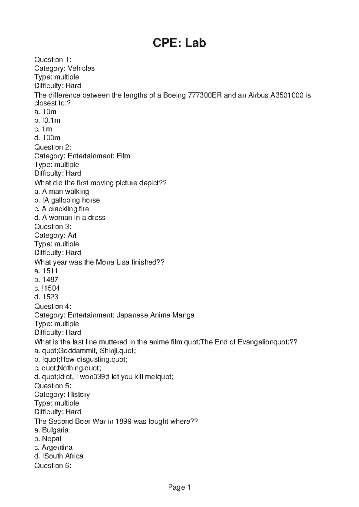 CPE120 Handout 1 - CPE: Lab Question 1: Category: Vehicles Type ...