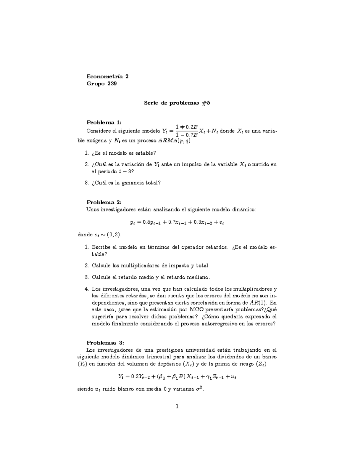 HOJA DE Problemas (4 - Ejercicios de repaso (incluyen de exàmenes finales) - EconometrÌa 2 Grupo ...