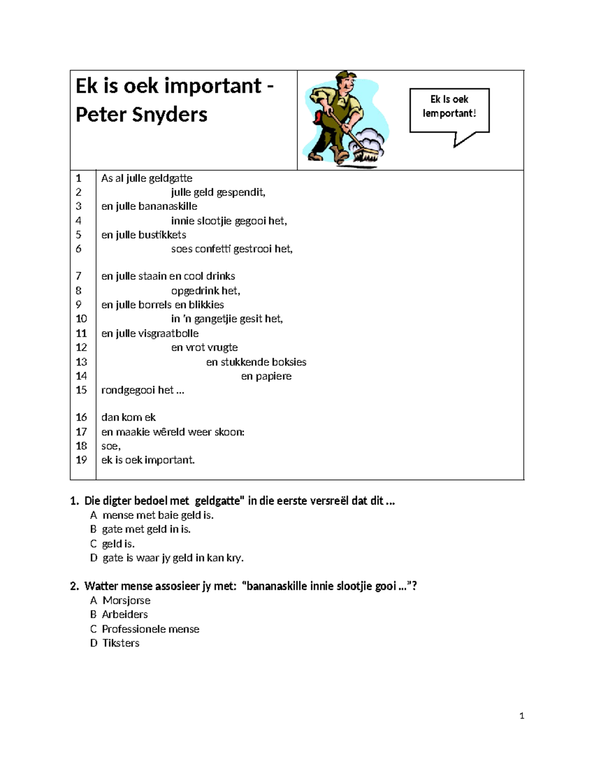 Important Veelkeuse - Ek is oek important - Peter Snyders 1 2 3 4 5 6 7 ...