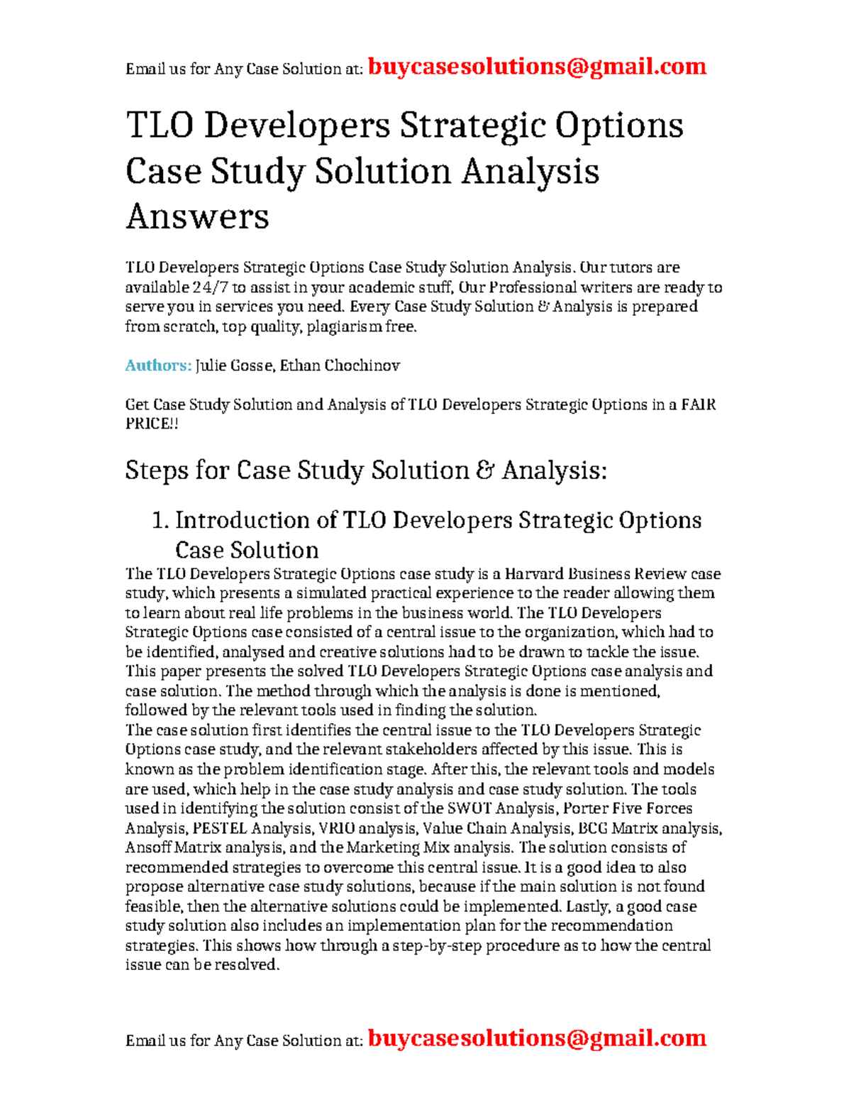 Case Solution TLO Developers Strategic Options - TLO Developers ...