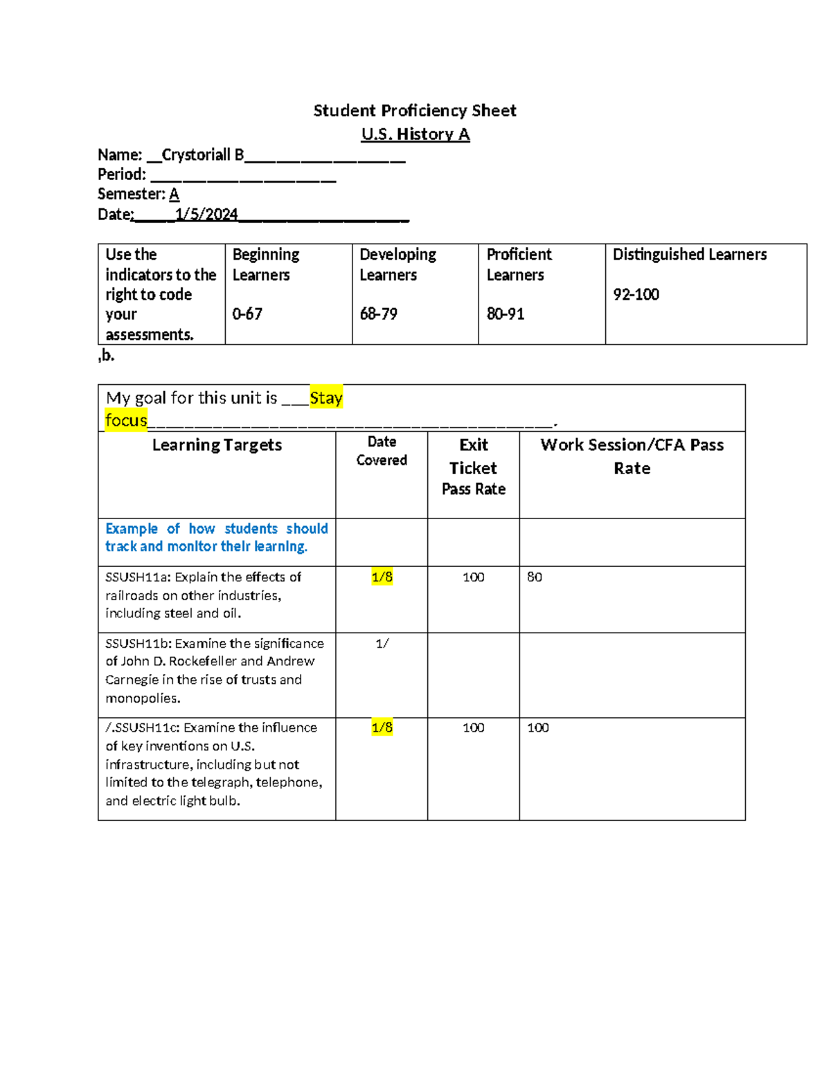 Unit 6 Student Proficiency Sheet - Student Proficiency Sheet U. History ...