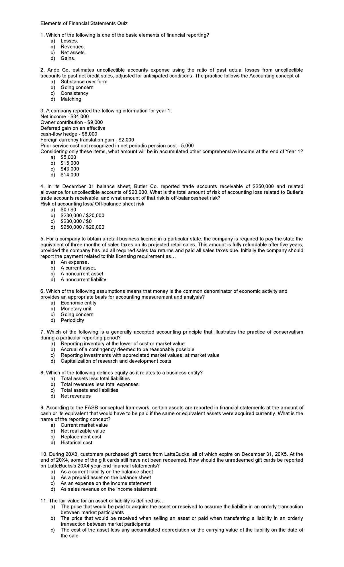 Elements of Financial Statements Quiz - b) Revenues. c) Net assets. d ...