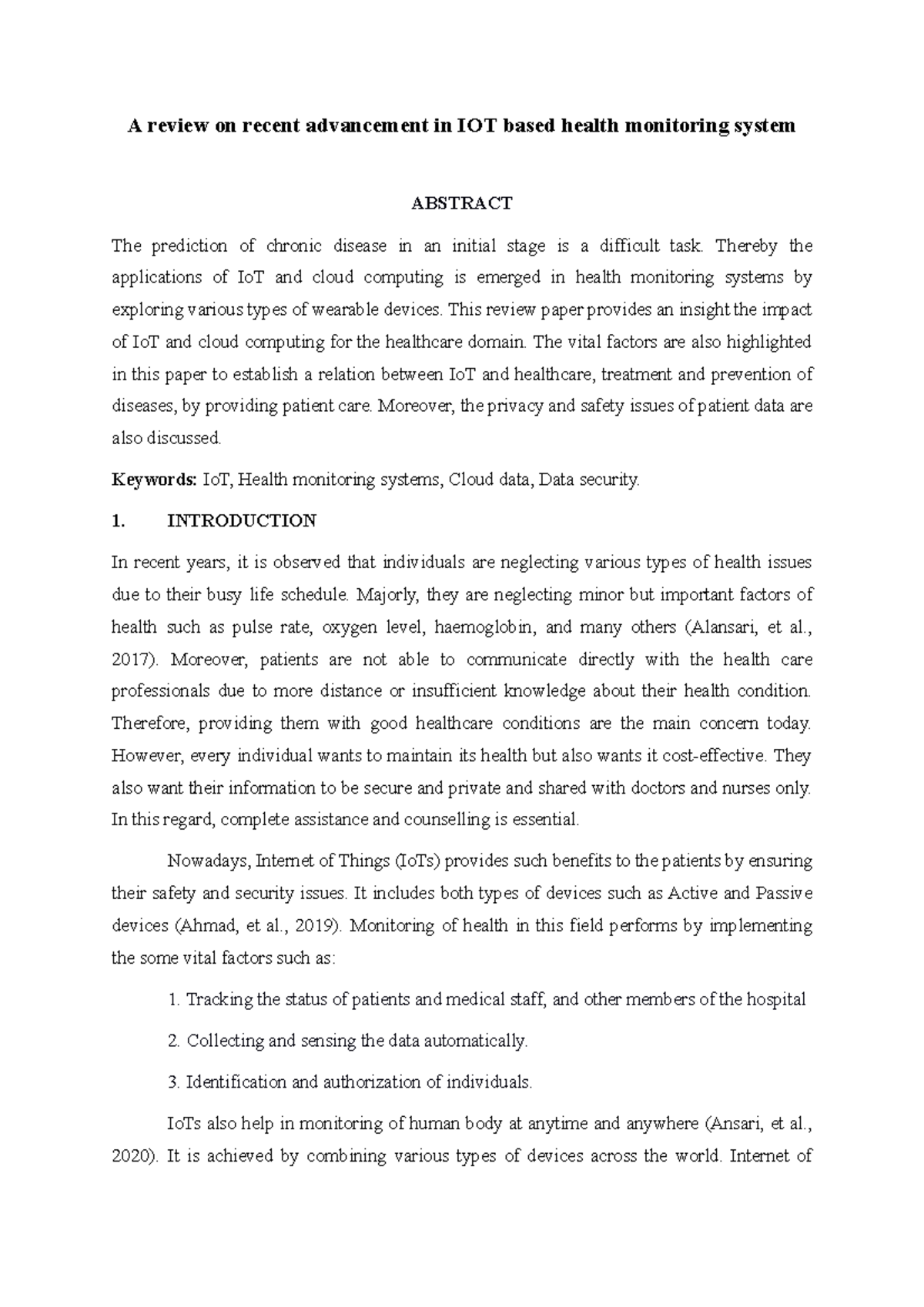 Manuscript - A review on recent advancement in IOT based health ...