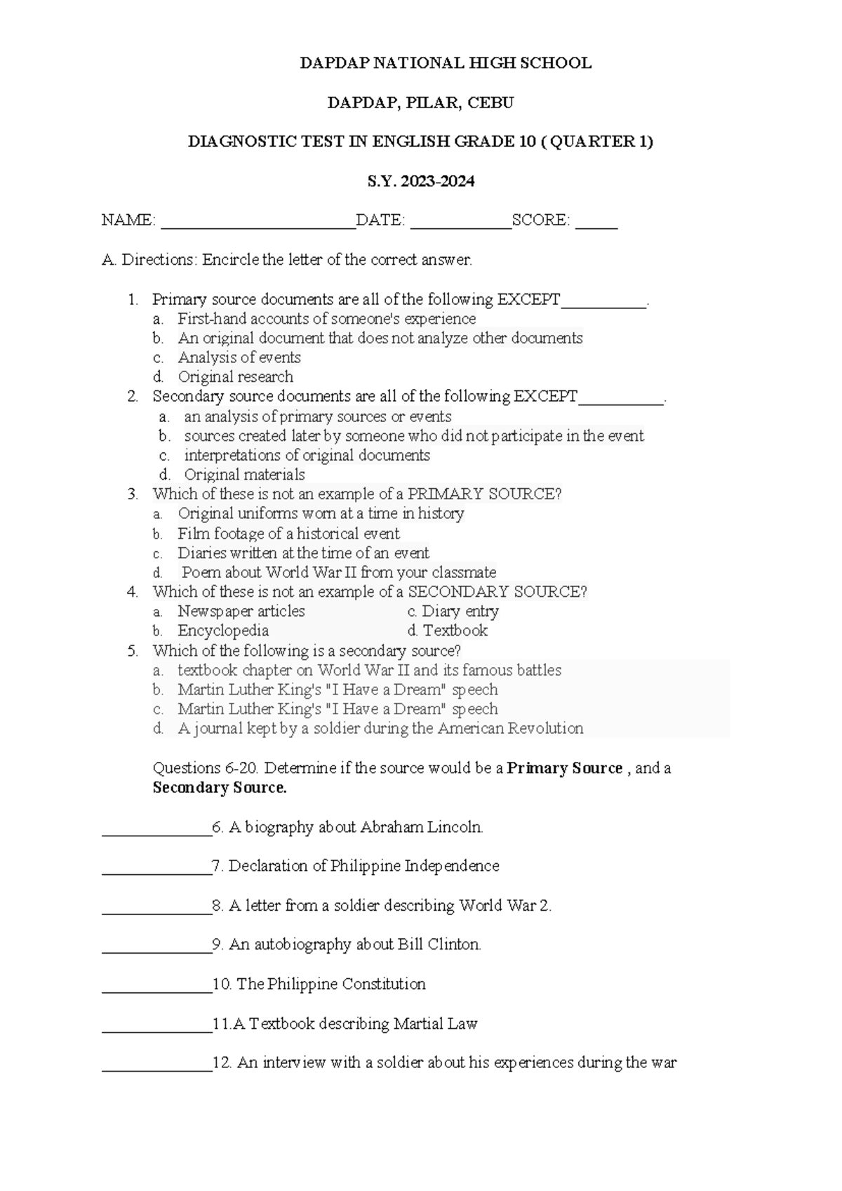 English 10 Diagnostic Test for Quarter 1 - DAPDAP NATIONAL HIGH SCHOOL ...