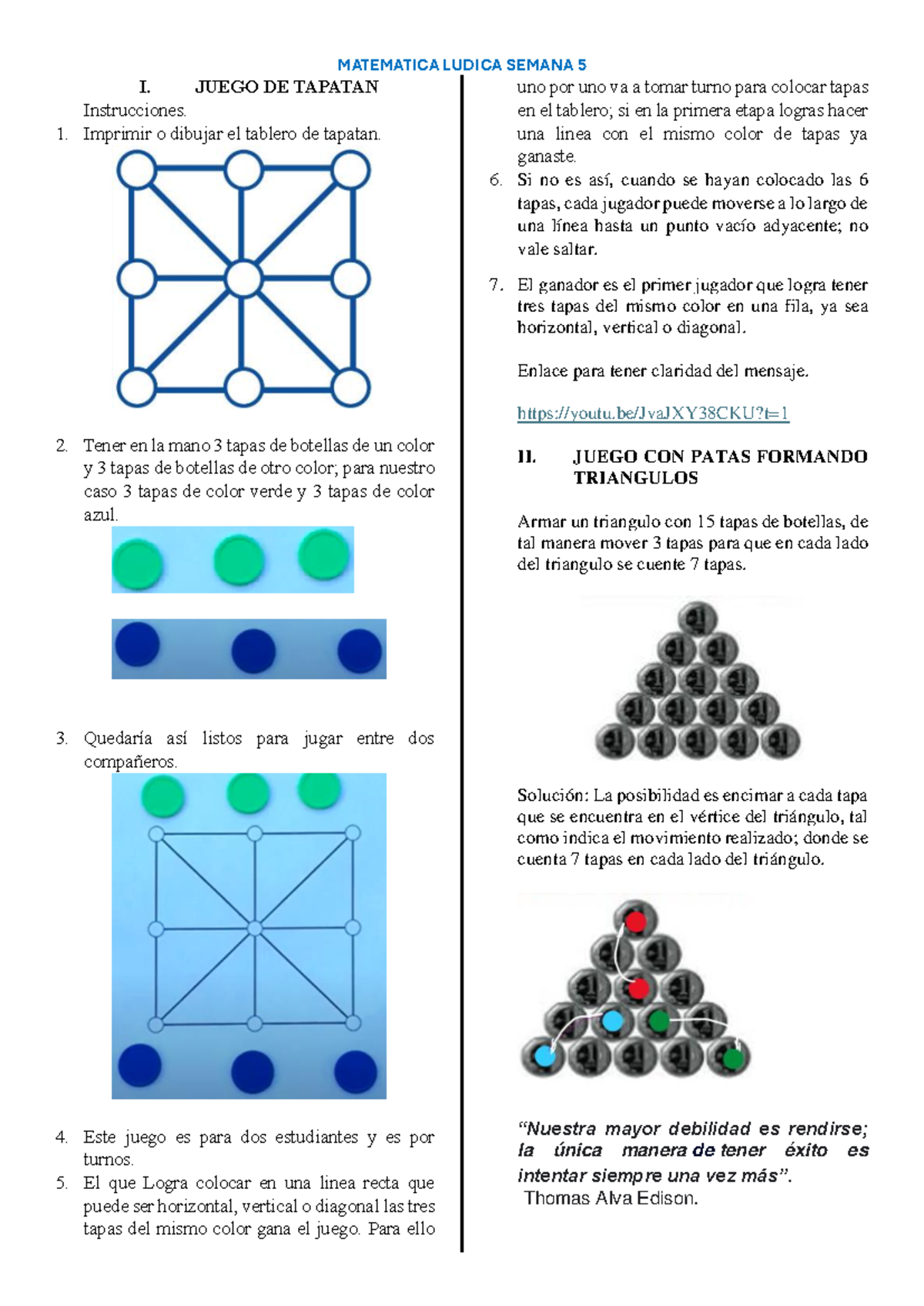 Matematica Ludica Semana 5 - MATEMATICA LUDICA SEMANA 5 I. JUEGO DE ...