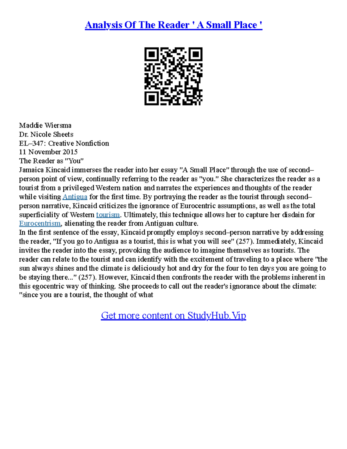 The Reader Essay - Analysis Of The Reader ' A Small Place ' Maddie ...