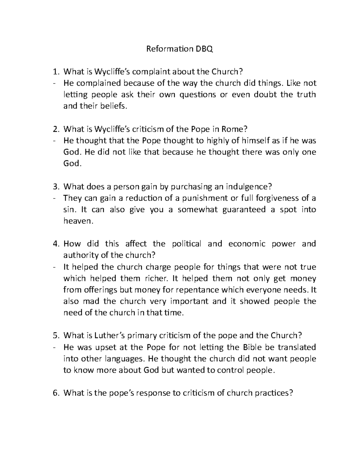 Reformation DBQ - work for class - Reformation DBQ What is Wycliffe’s ...