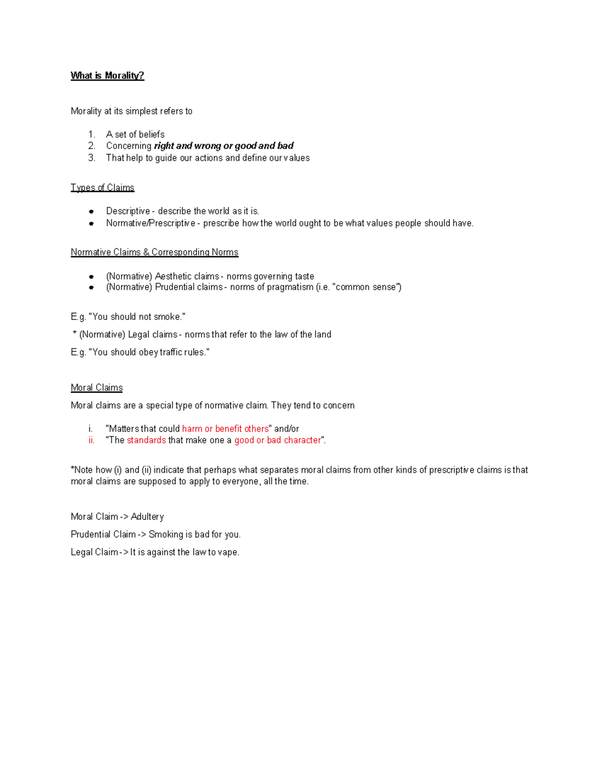 SCO101 Morality - Lecture notes 1 - What is Morality? Morality at its ...