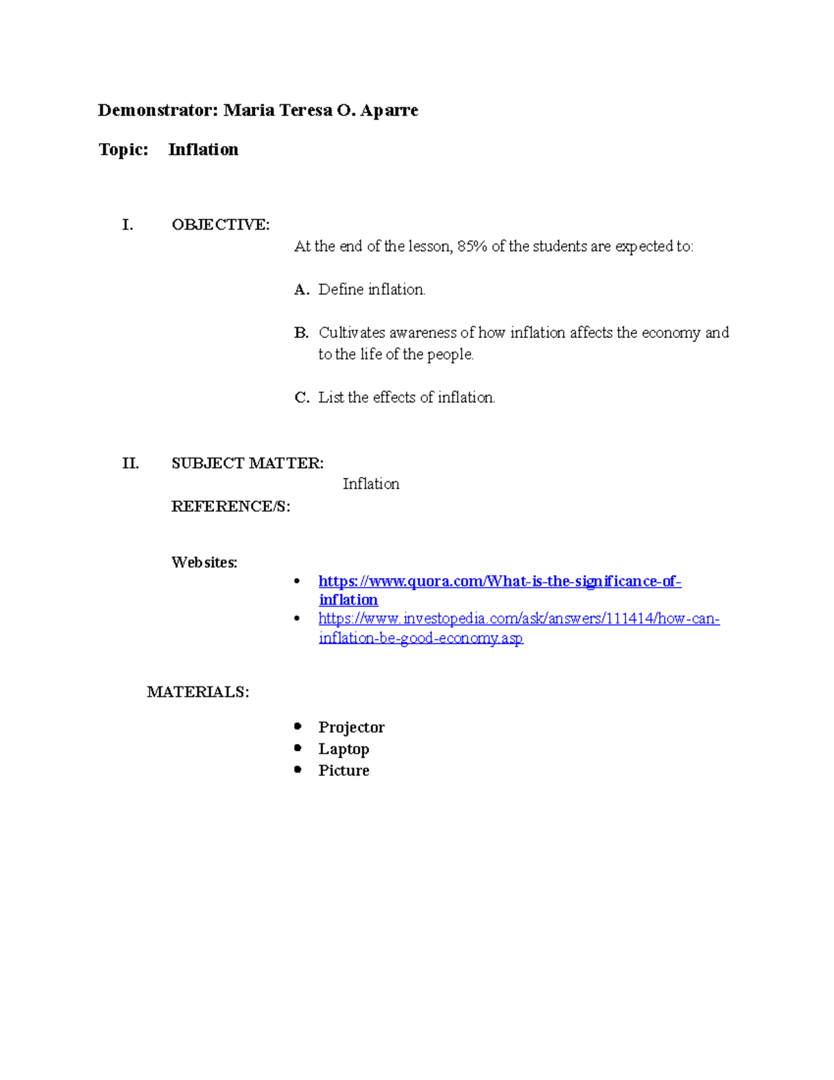 Lesson Plan- inflation- final najud - Demonstrator: Maria Teresa O ...