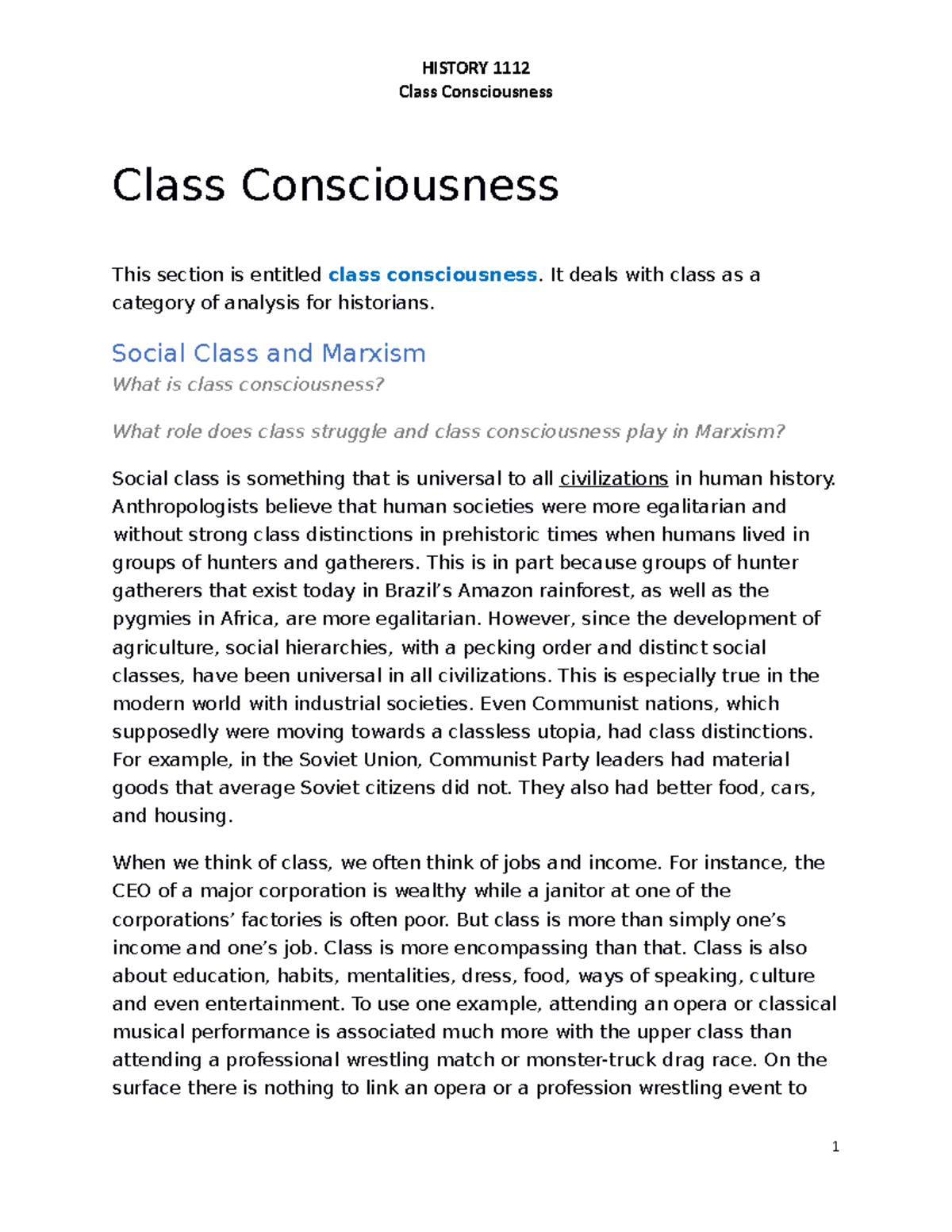 HIST 1112 - Class Consciousness - Class Consciousness Class ...