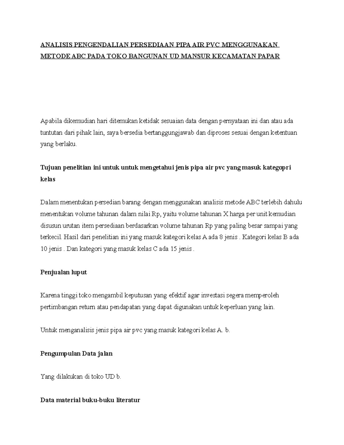 Analisis Pengendalian Persediaan PIPA AIR PVC Menggunakan Metode ABC ...