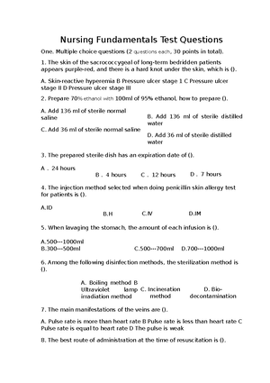 Basic Nursing questions NURS222 - Basic Nursing questions Type A ...