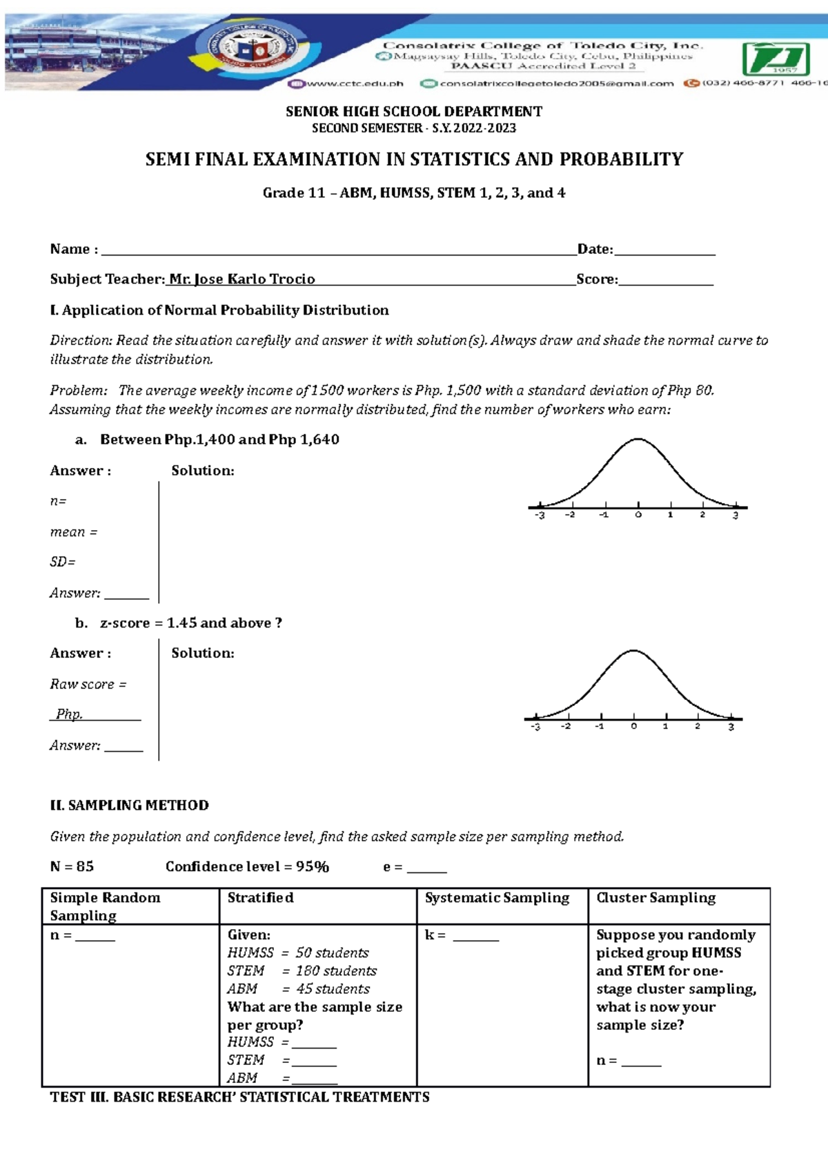Fourth Unit Assessment in Statistics and Probability - SENIOR HIGH ...