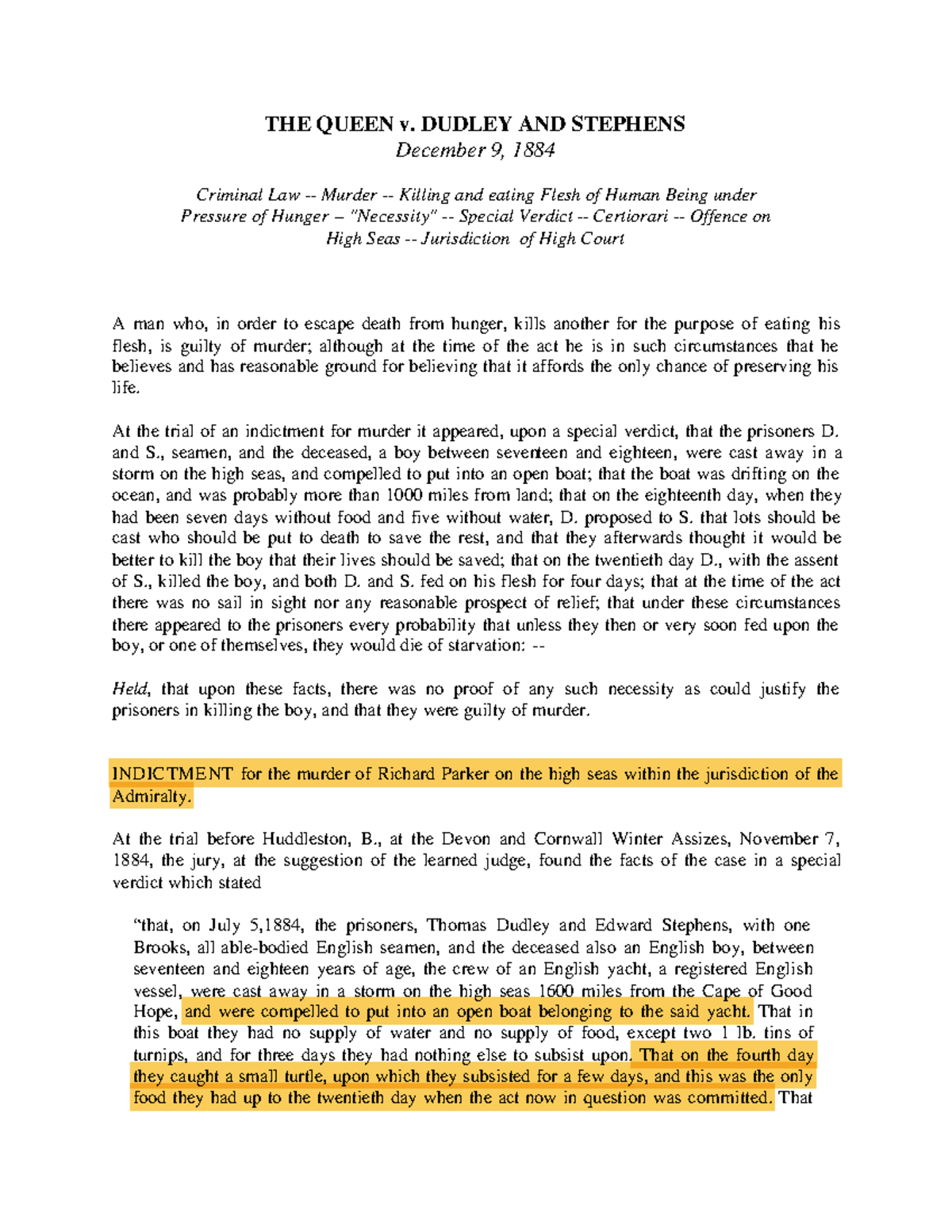 Queen v Dudley and Stephens - THE QUEEN v. DUDLEY AND STEPHENS December ...