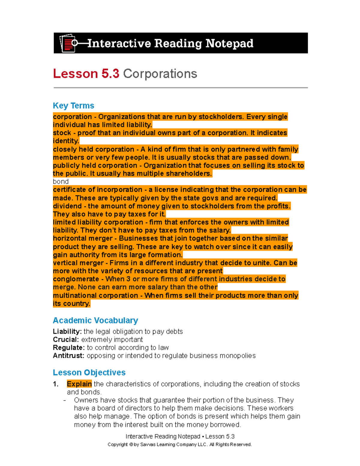 5.3 corporations - Lesson 5 Corporations Key Terms corporation ...