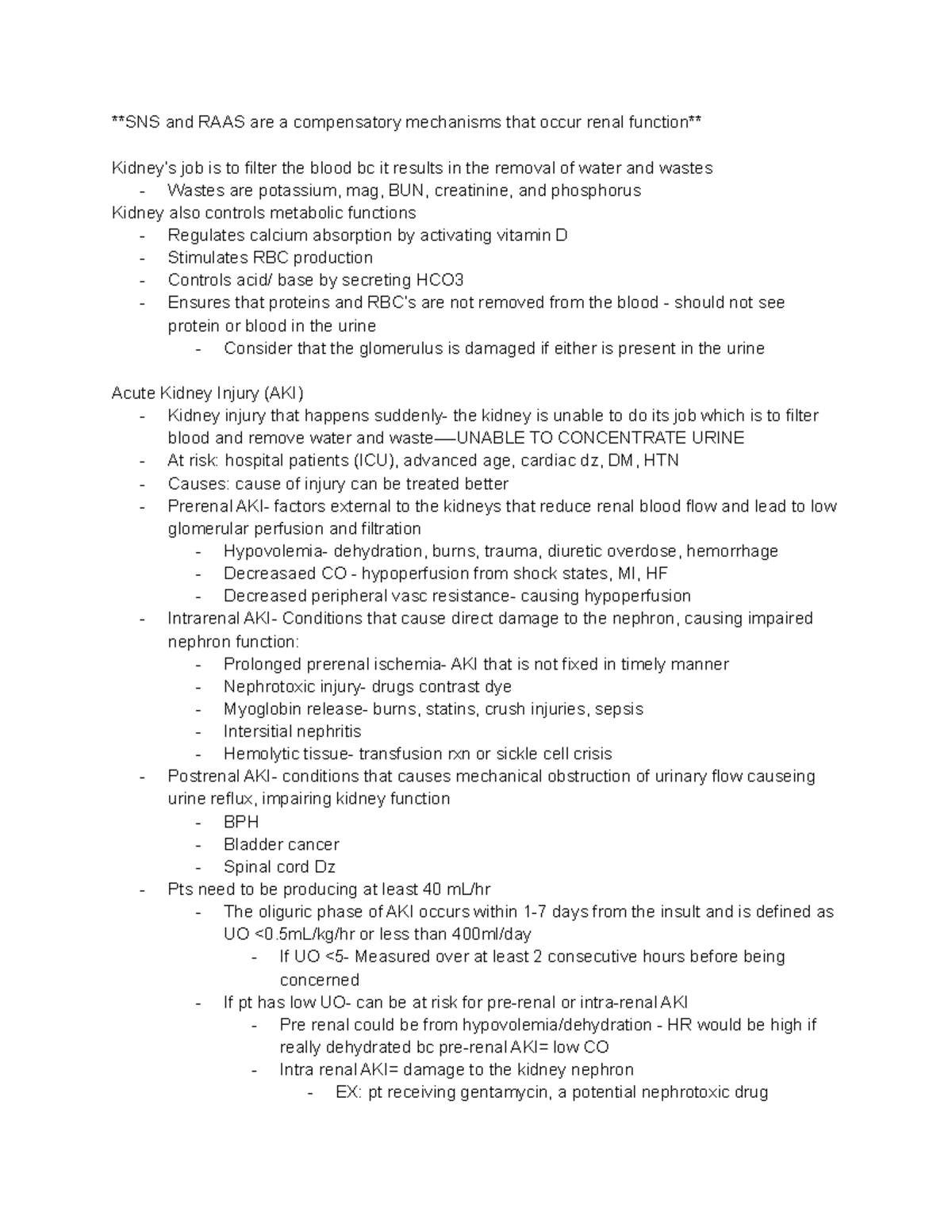 Renal Dysfunctions - Student success notes - SNS and RAAS are a ...