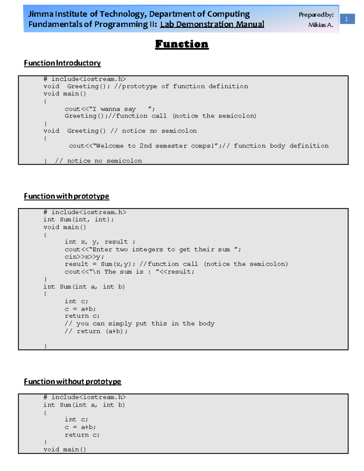 Lab Manual - C++ Functions - 1 Fundamentals of Programming II: Lab Demonstration Manual Mikias A ...