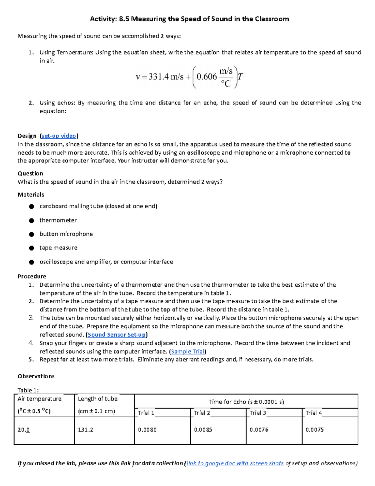 WSLB #4 Activity 8.5 Measuring the Speed of Sound - Activity: 8 ...