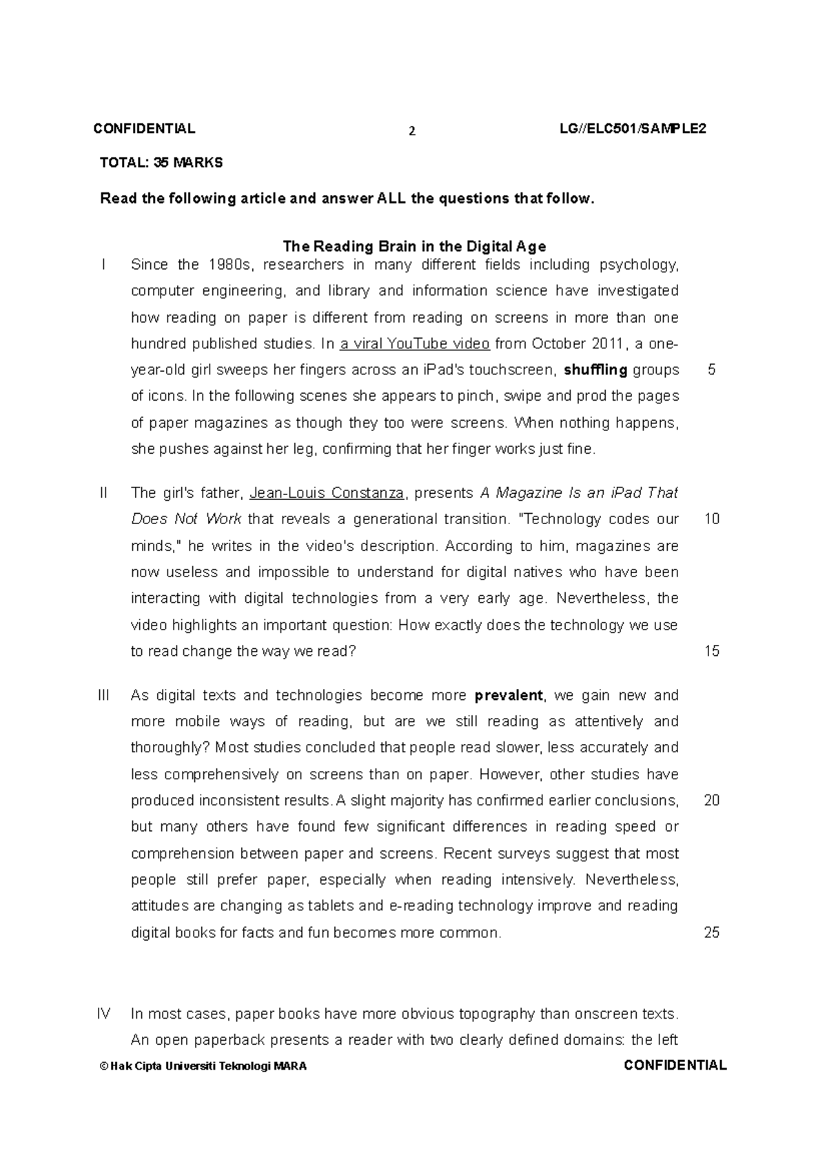 Test 2 ANSWER ELC - TOTAL: 35 MARKS Read the following article and ...