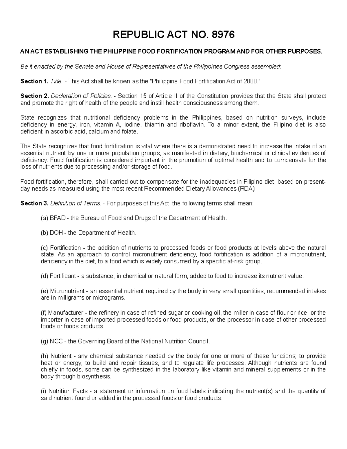 Republic ACT NO 8976 Food Law In The Philippines REPUBLIC ACT NO