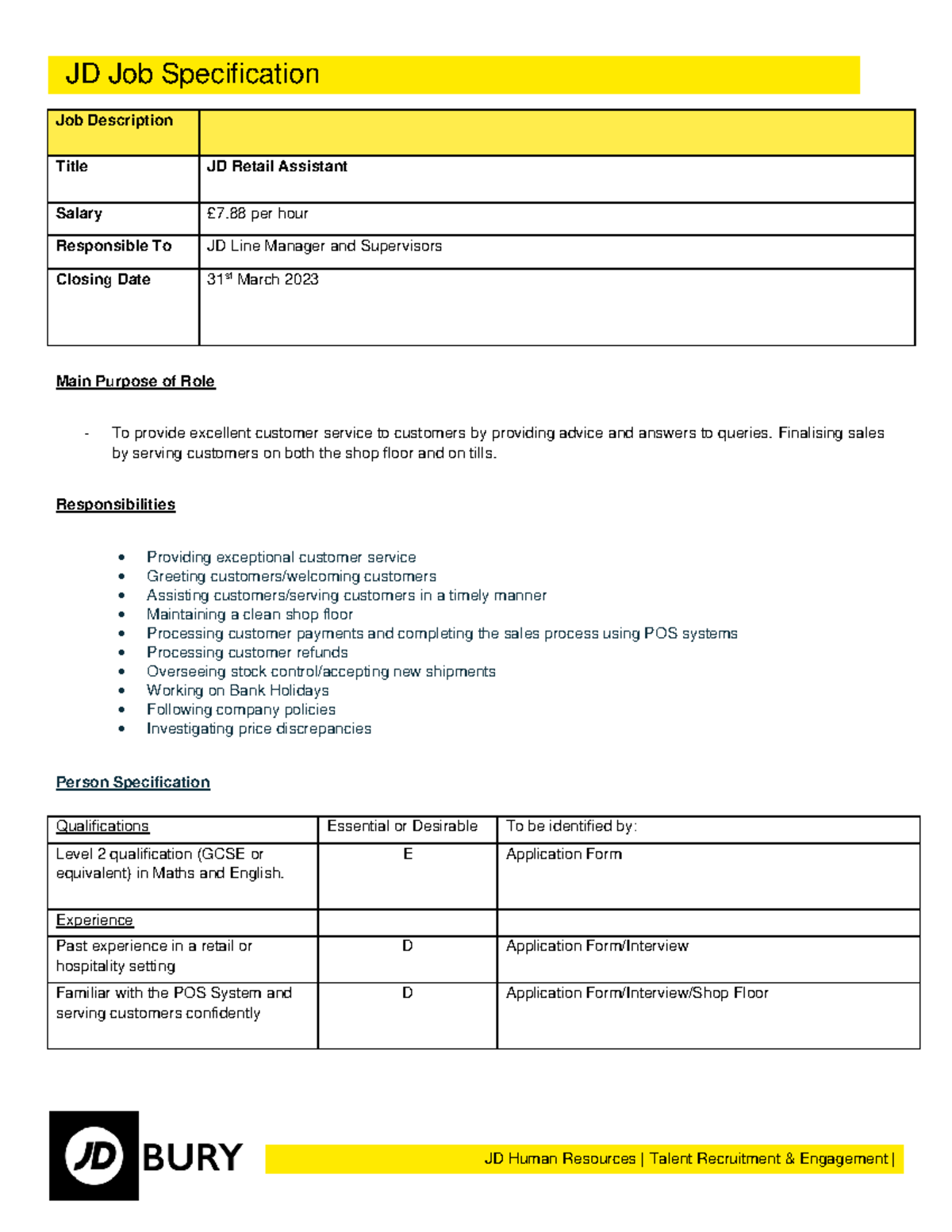 Job Specification - Job Spec - JD Job Specification JD Human Resources ...