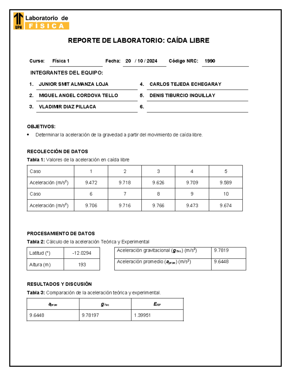 2024 Reporte LAB FISI1 S02 CL 2024 Grupo 6 - REPORTE DE LABORATORIO: CAÍDA LIBRE Curso: Física 1 ...