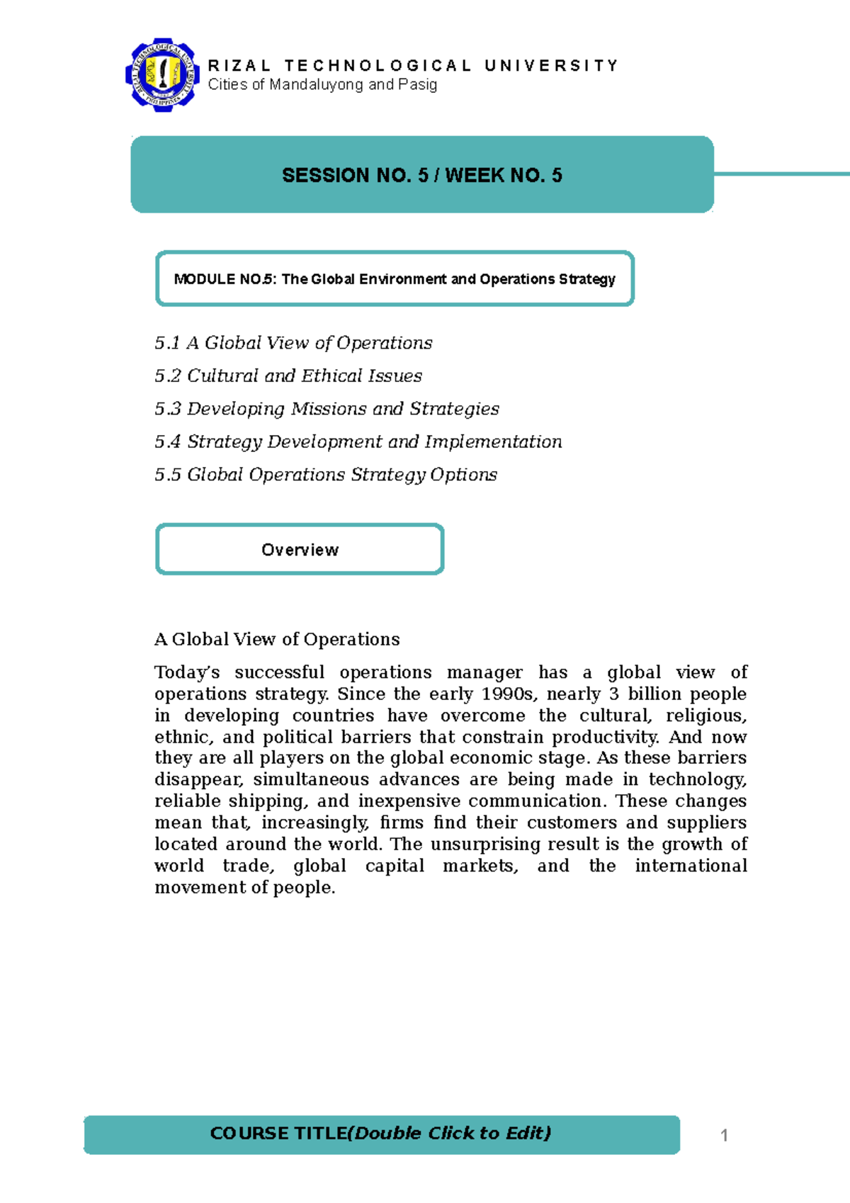 Module 5 The Global Environment and Operations Strategy - 5 A Global ...