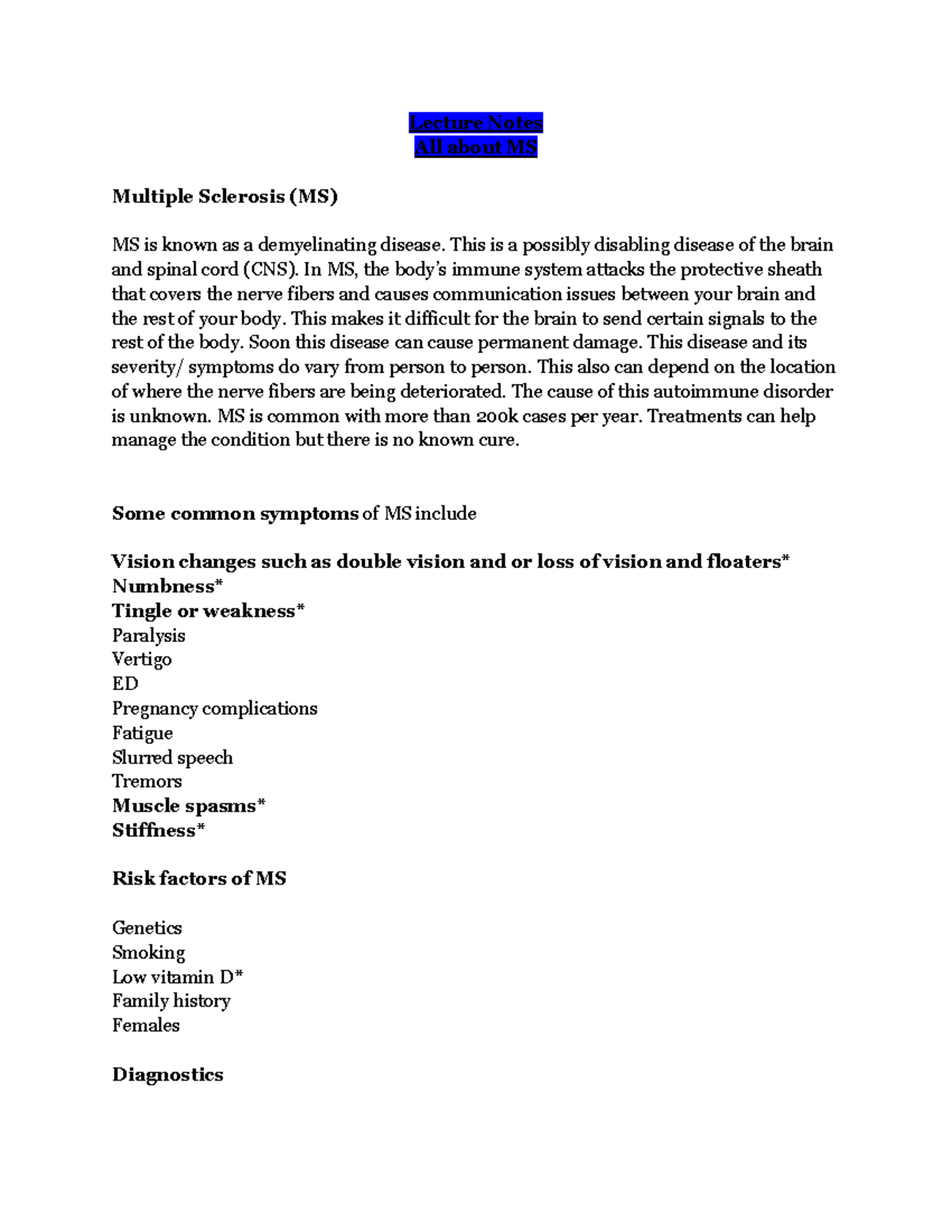 Lecture Notes over MS - Lecture Notes All about MS Multiple Sclerosis ...