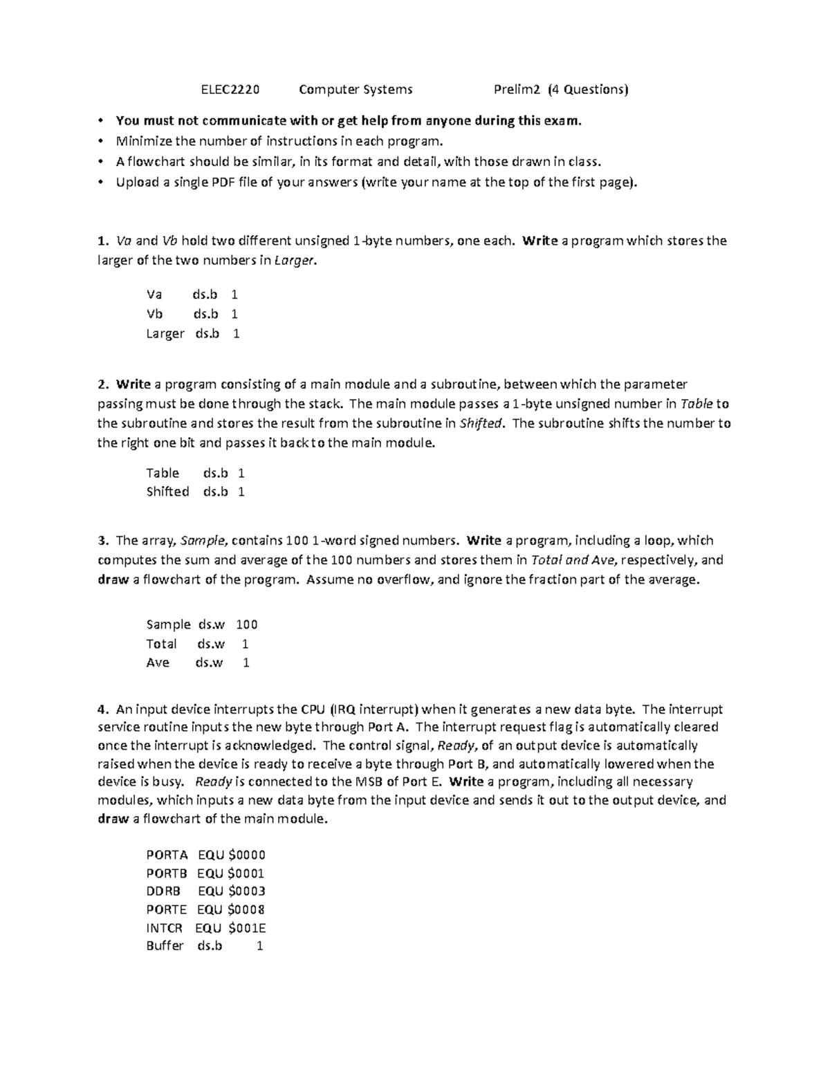 ELEC 2220 - Lee - Spring 2020 - ELEC2220 Computer Systems Prelim2 (4 ...