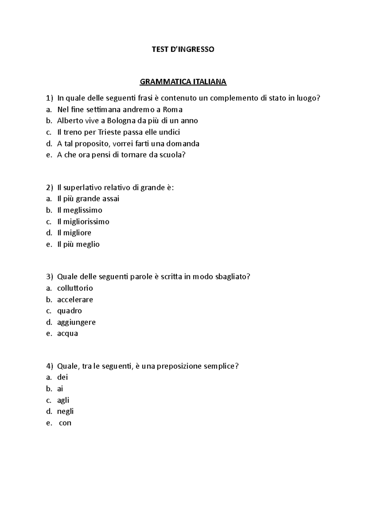 TEST Grammatica Italiana 2 - TEST D’INGRESSO GRAMMATICA ITALIANA In ...