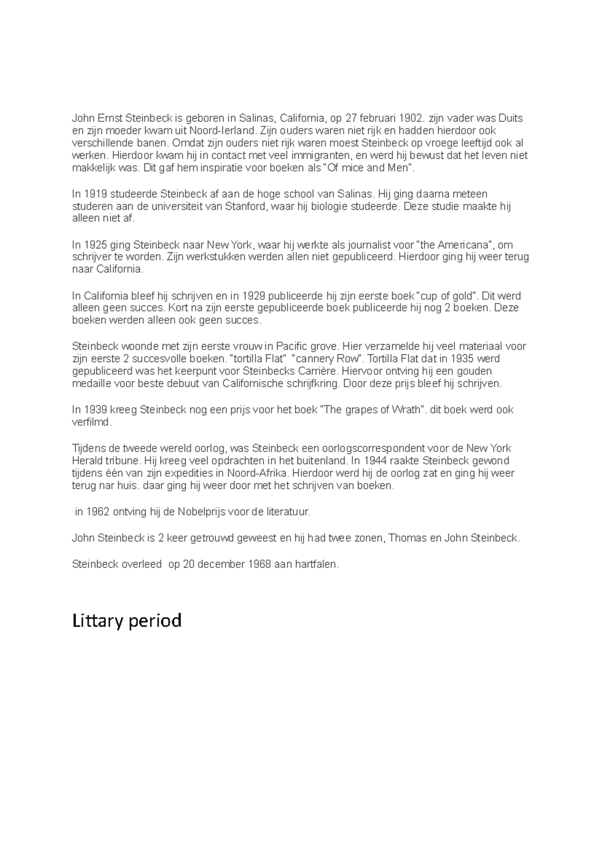 Engels boek presentatie tekst - John Ernst Steinbeck is geboren in ...