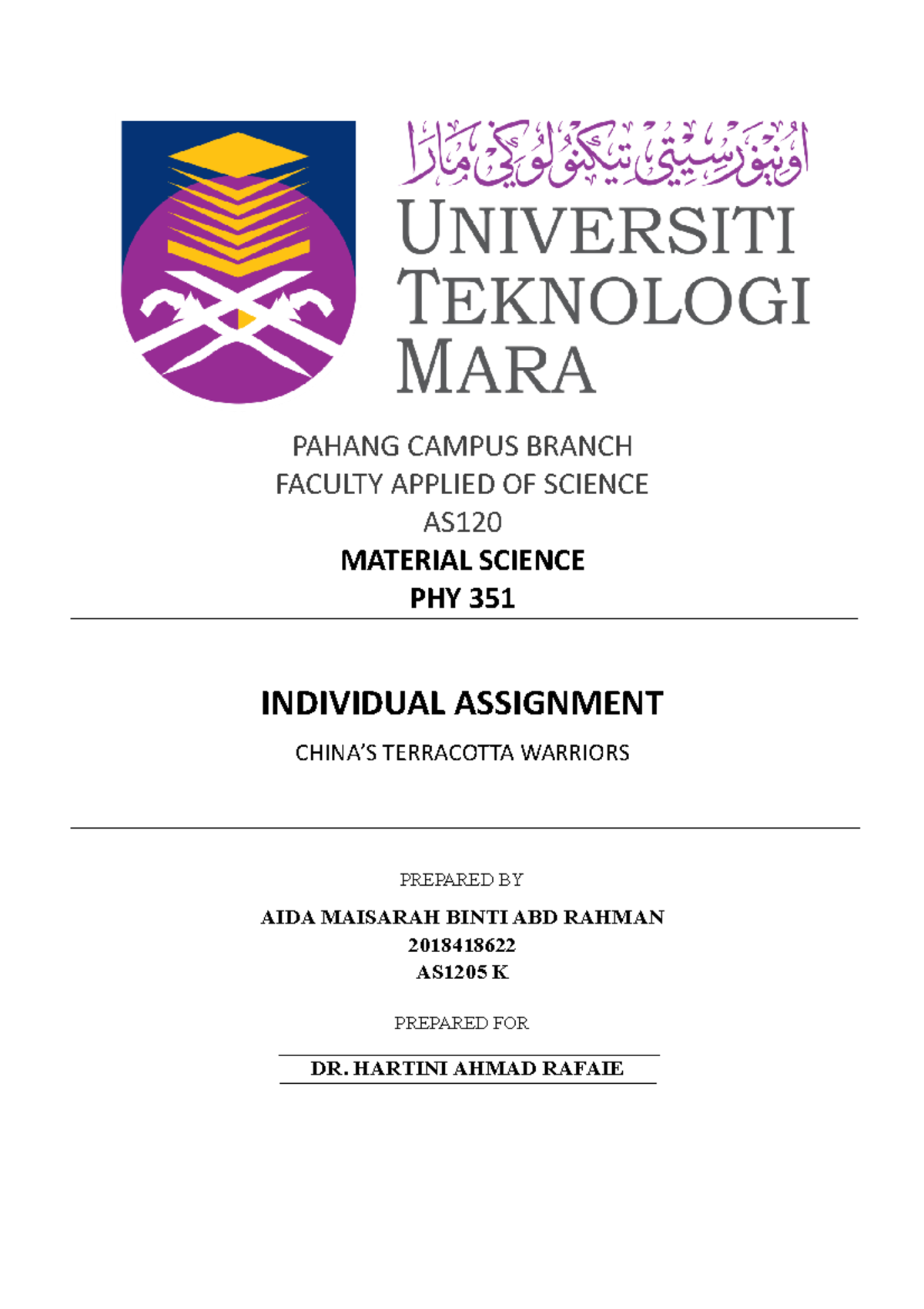 PHY351 Individual Assignment - Material Science - UiTM - Studocu