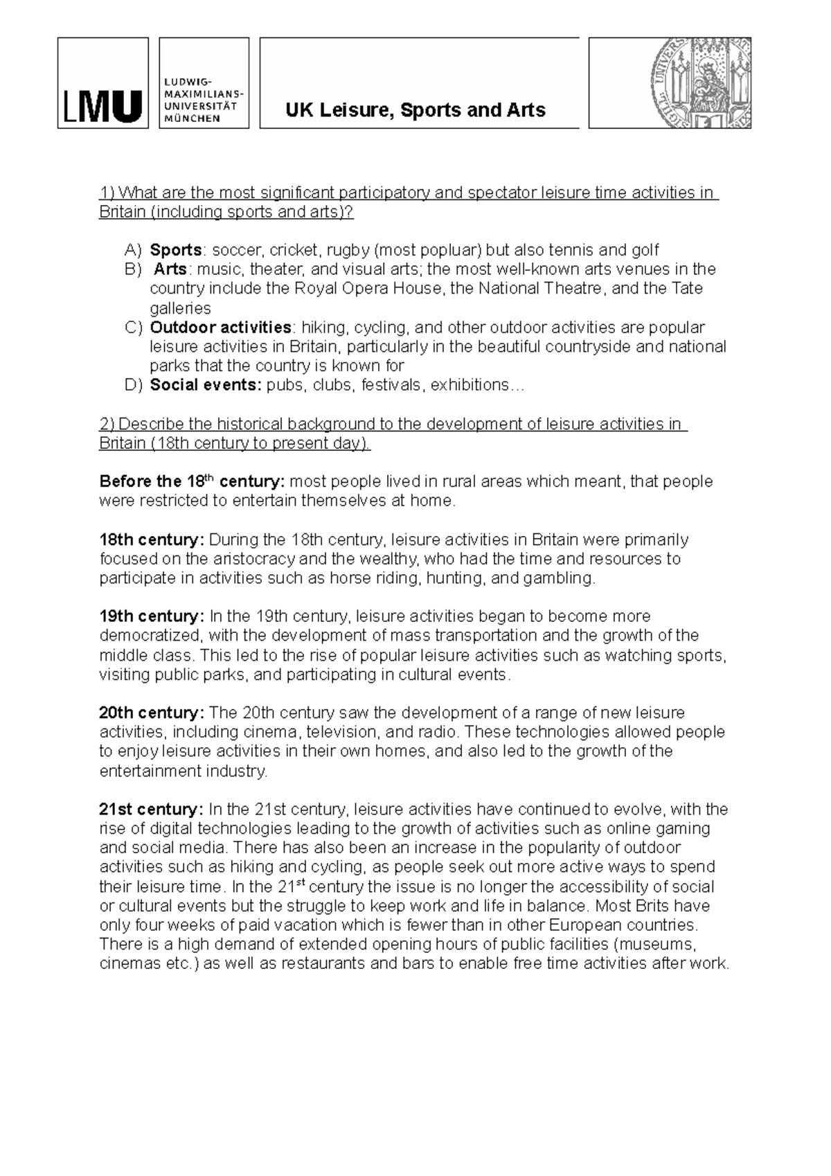 UK Leisure Questions 2021 - UK Leisure, Sports and Arts What are the ...