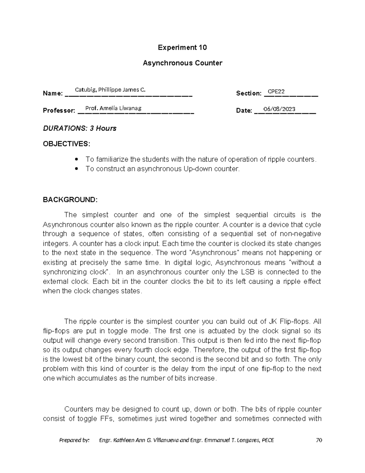 Experiment 10 Asynch Counter - Experiment 10 Asynchronous Counter Name ...
