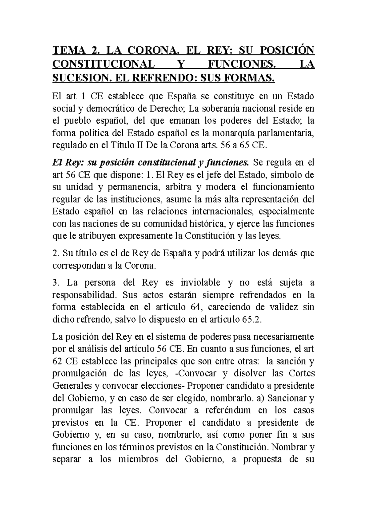 Tema 2. La Corona posición constitucional y funciones del Rey. El ...