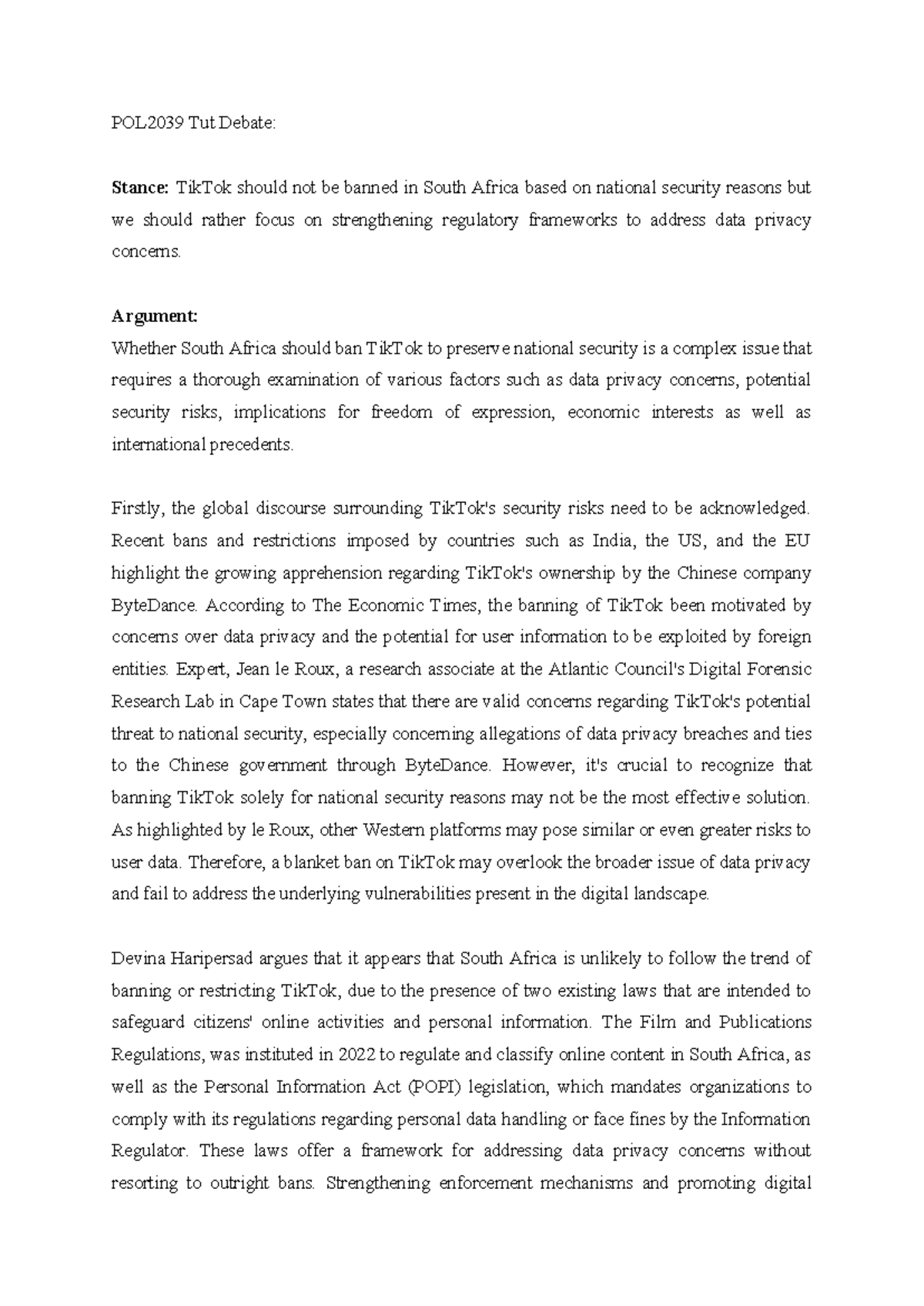 Tik Tok Forum Debate - POL2039 Tut Debate: Stance: TikTok should not be ...