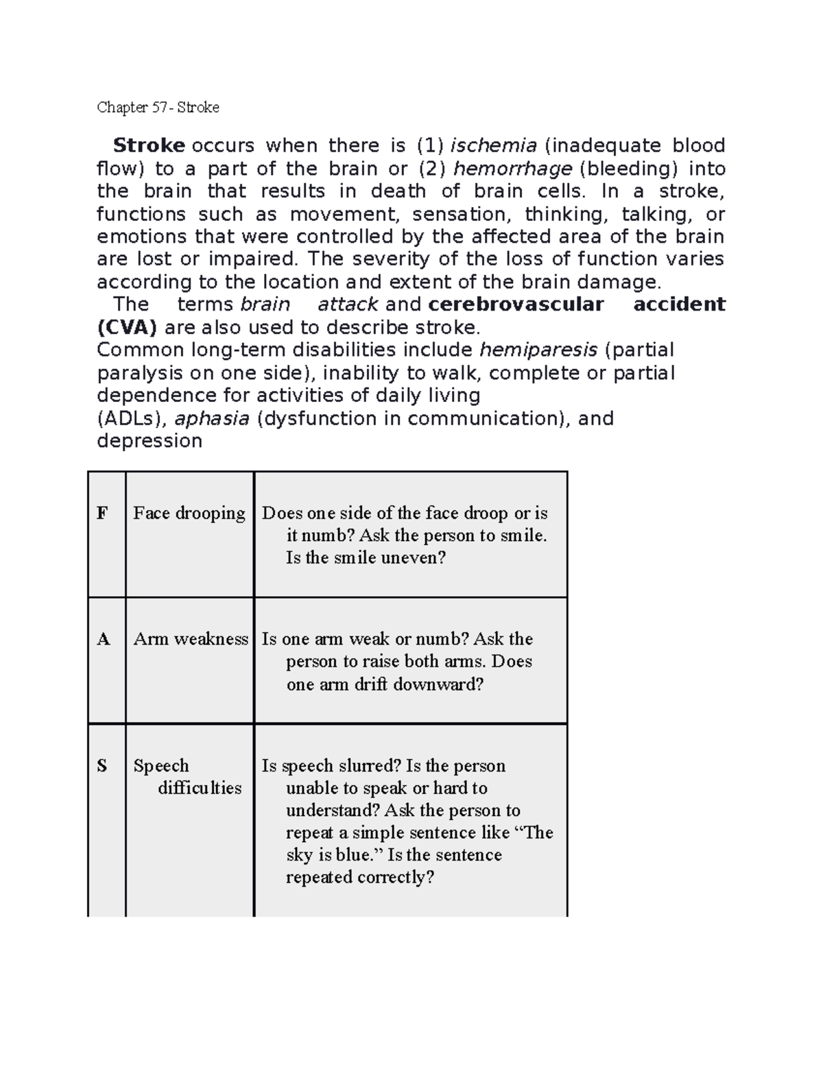 Chapter 57- cardio vascular (CVA) - Chapter 57- Stroke Stroke occurs ...