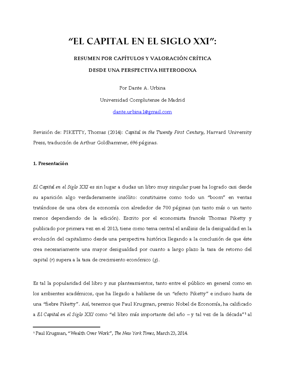 EL Capital EN EL Siglo XXI; Resumen POR Capítulos Y Valoración Crítica ...