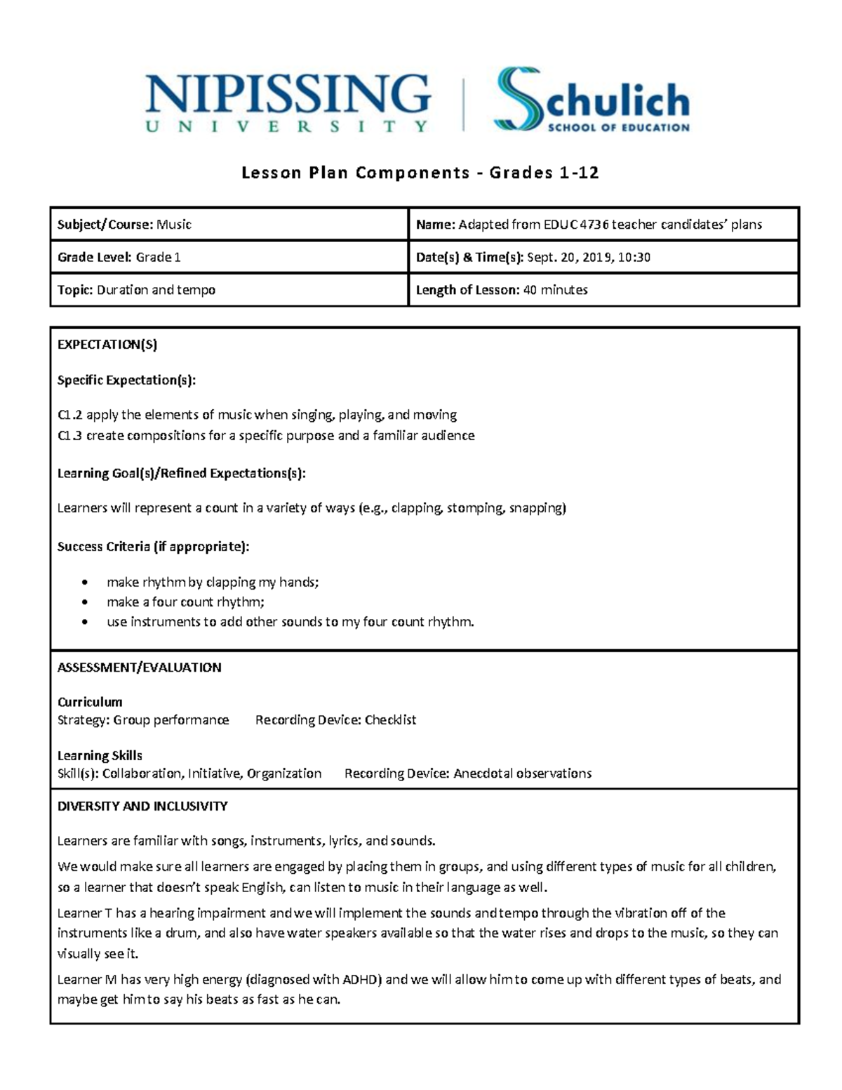 Grade 1 Music Exemplar - ............................ - Lesson Plan ...