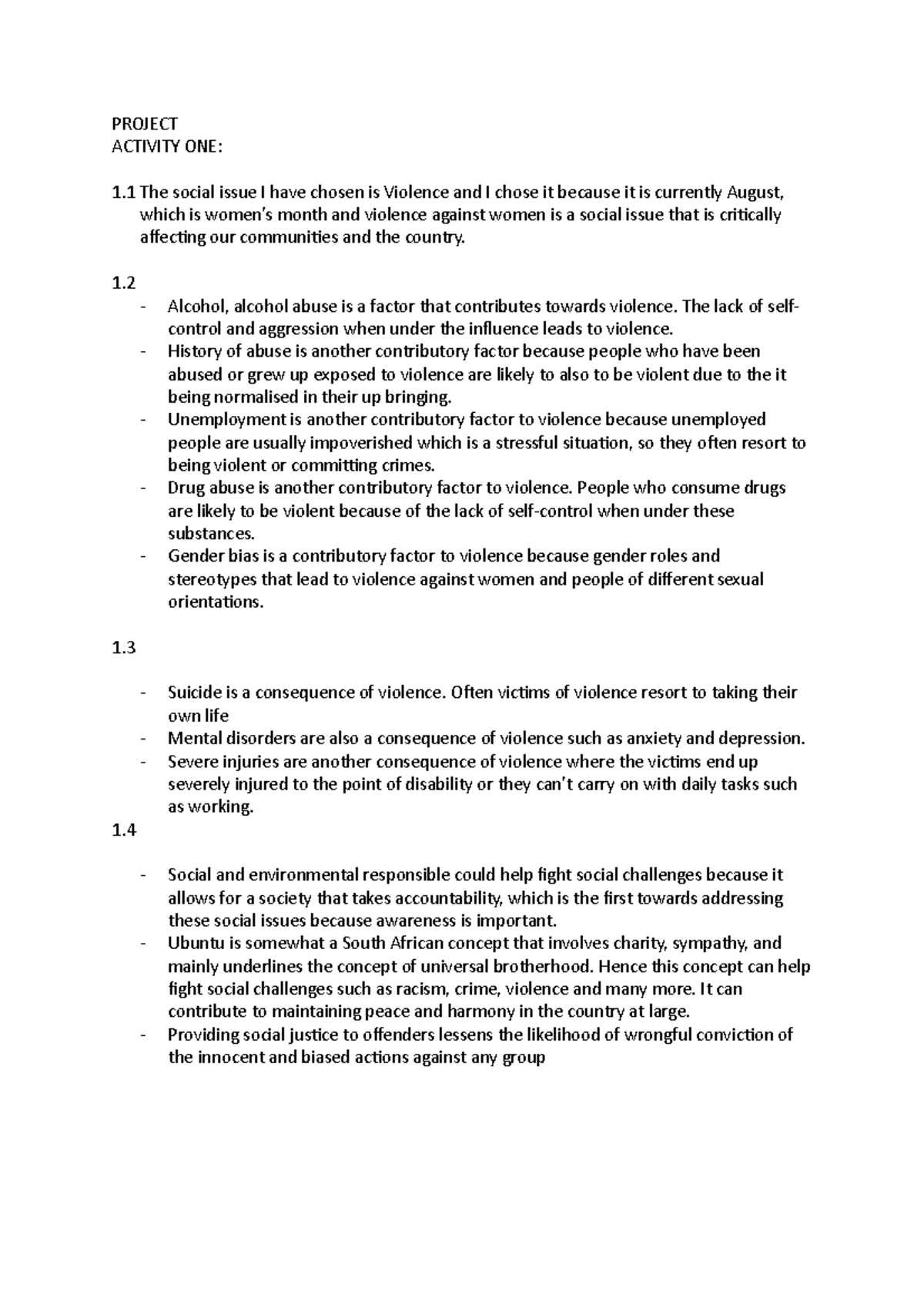 L.O assignment on social issues - PROJECT ACTIVITY ONE: 1 The social ...