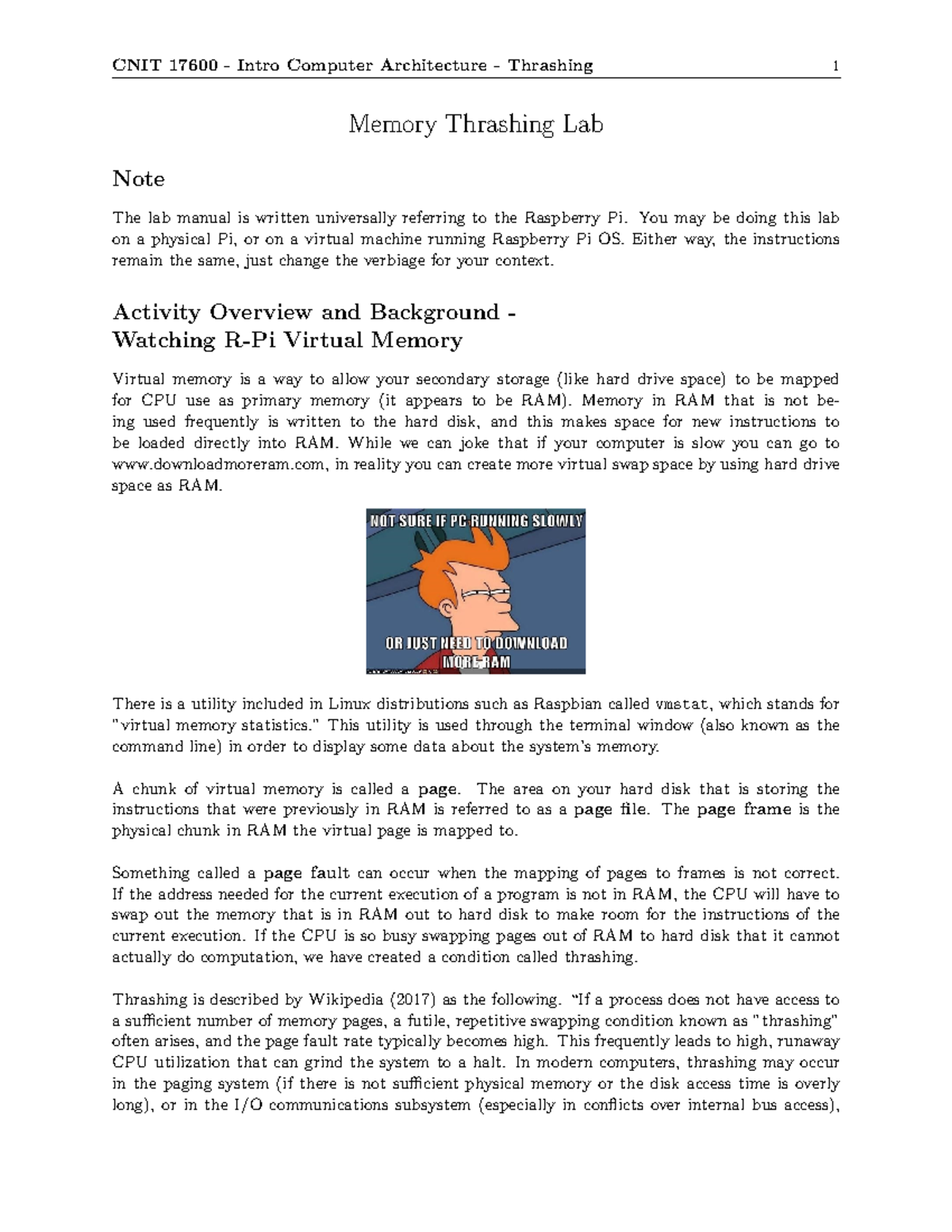 8 Thrashing updated 10 1 2023 - Memory Thrashing Lab Note The lab manual is written universally ...