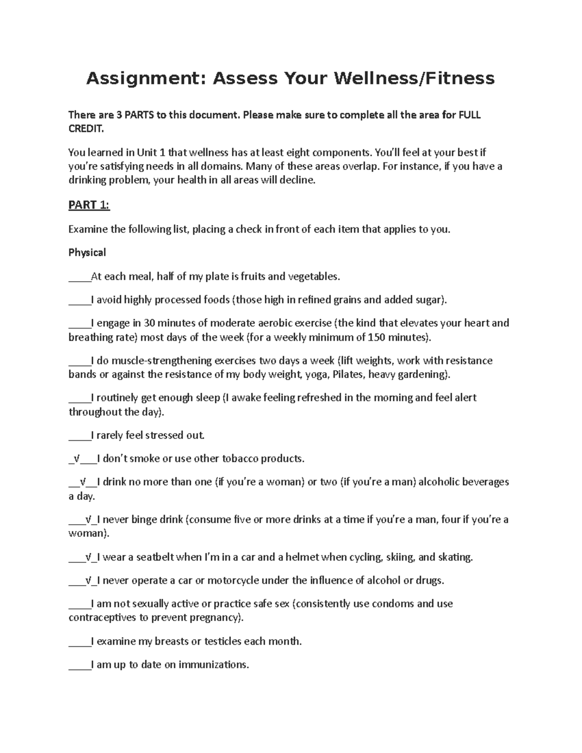 Assess your wellness and fitness level - Assignment: Assess Your ...