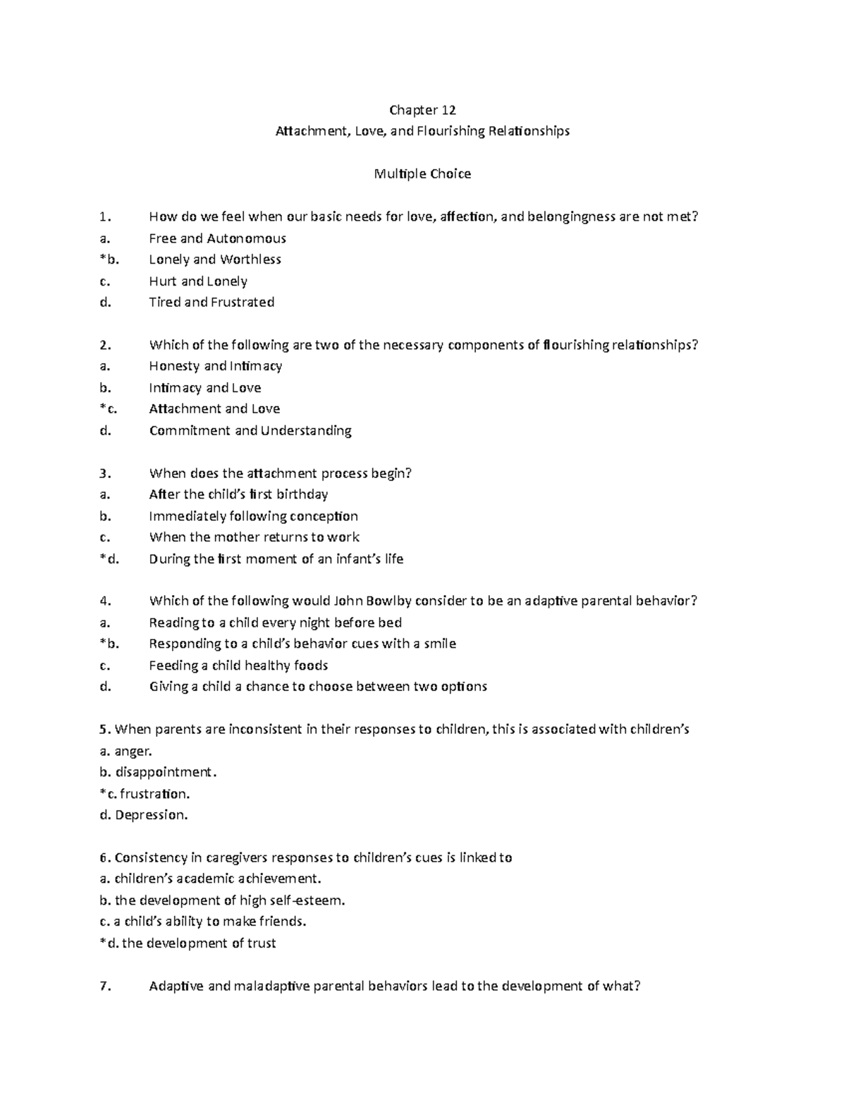 Ch12 practice Q - Chapter 12 Attachment, Love, and Flourishing Relationships Multiple Choice How ...