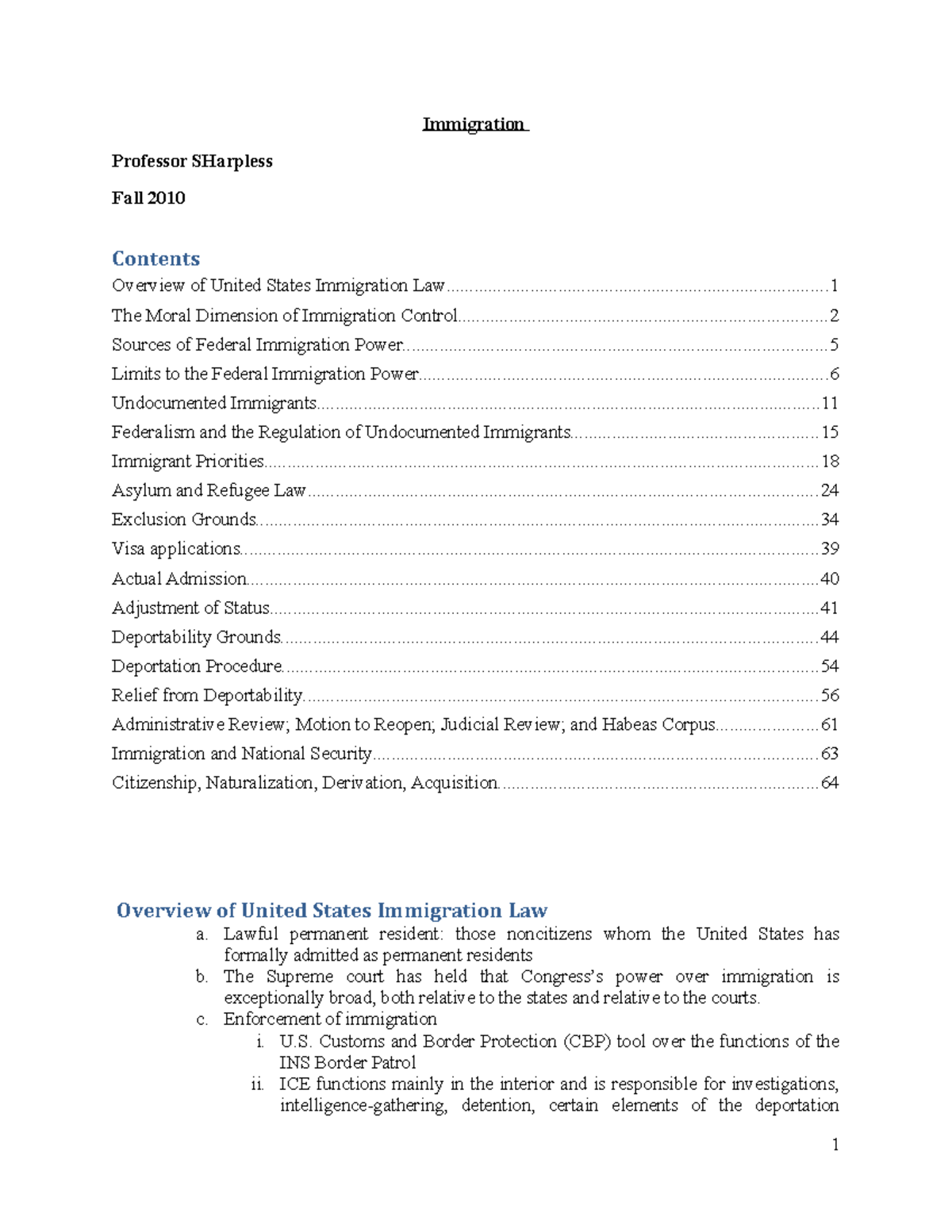 Immigration - Sharpless - Fall 2010 - Immigration Professor SHarpless ...