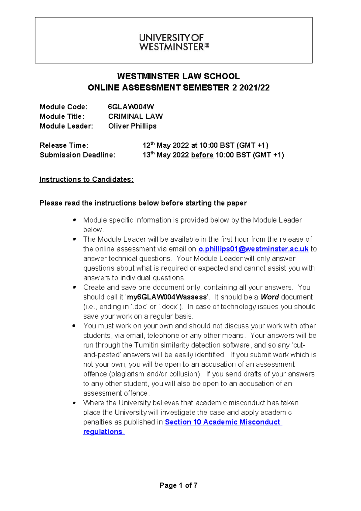 6GLAW004W Criminal Law May 2022 Final EXAM - WESTMINSTER LAW SCHOOL ...