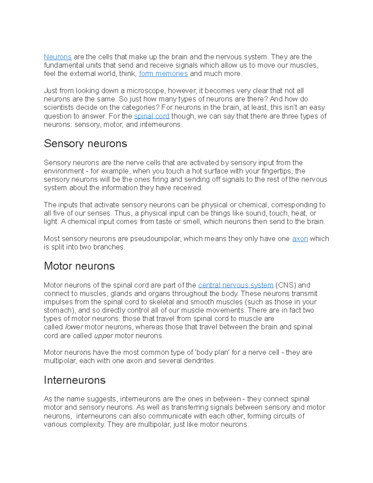 Types of neurons - notes - Neurons are the cells that make up the brain ...